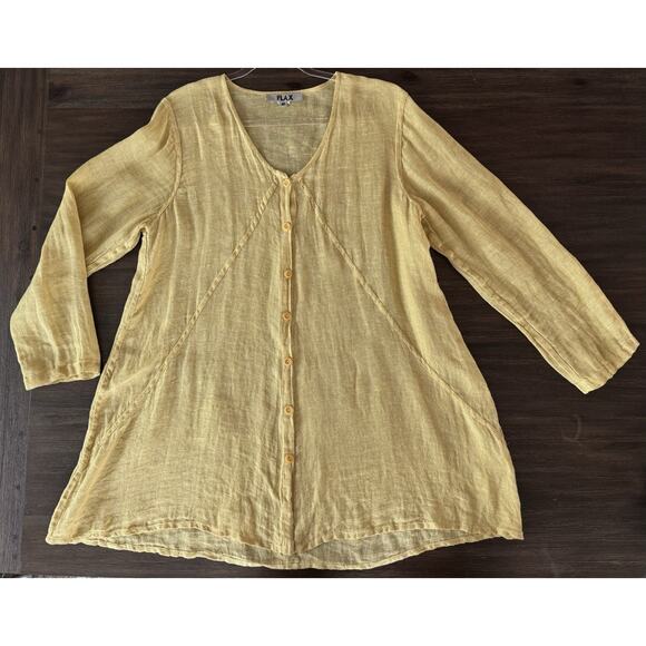 Flax | Tops | Flax 0 Linen Shirt Blouse Button Up Lagenlook Yellow Semi ...